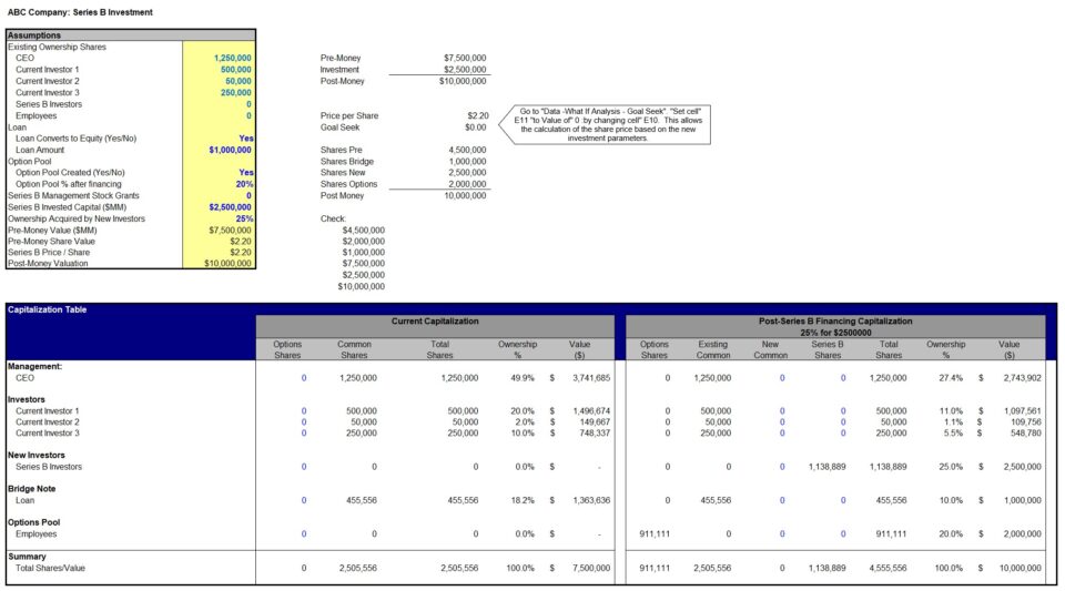Capitalization Table VC Example Excel Template